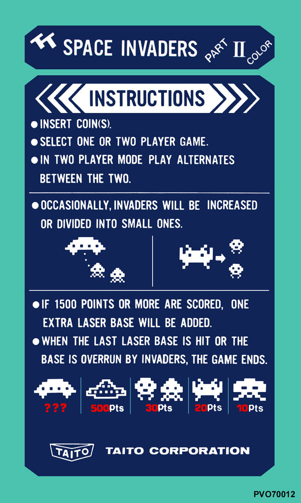 Space Invaders 2 II Instruction Decal – Escape Pod Online